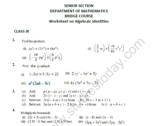 CBSE Class 8 Mathematics Algebraic Identities Bridge Course Worksheet CBSE Class 8 Mathematics Algebraic Identities Bridge Course Worksheet